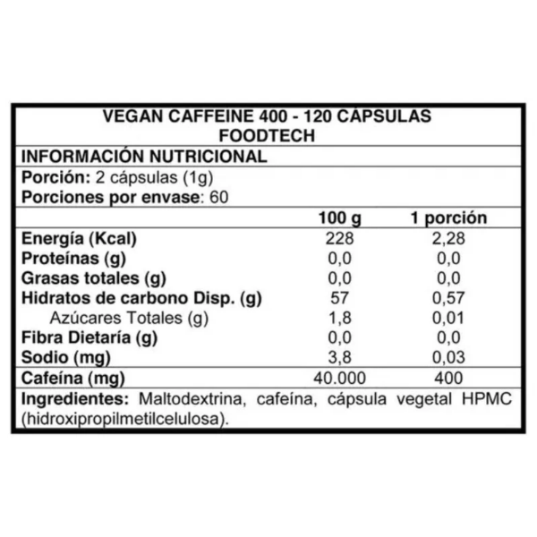 Vegan Caffeine 400 120 caps – Foodtech – Suplementos Champion Choice